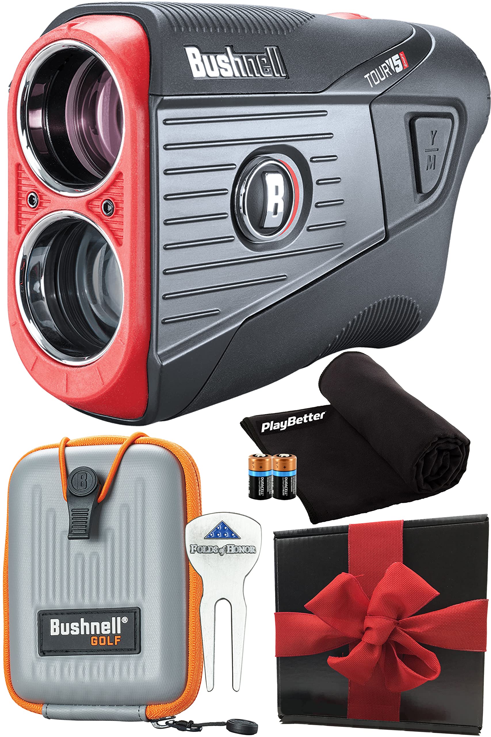 Bushnell Tour V5 (Standard) Golf Laser Rangefinder Patriot Pack PlayBetter Bundle | with Carrying Case, Divot Tool, PlayBetter Microfiber Towel and Two Batteries | Pinseeker Jolt, 6X Mag | 201901P