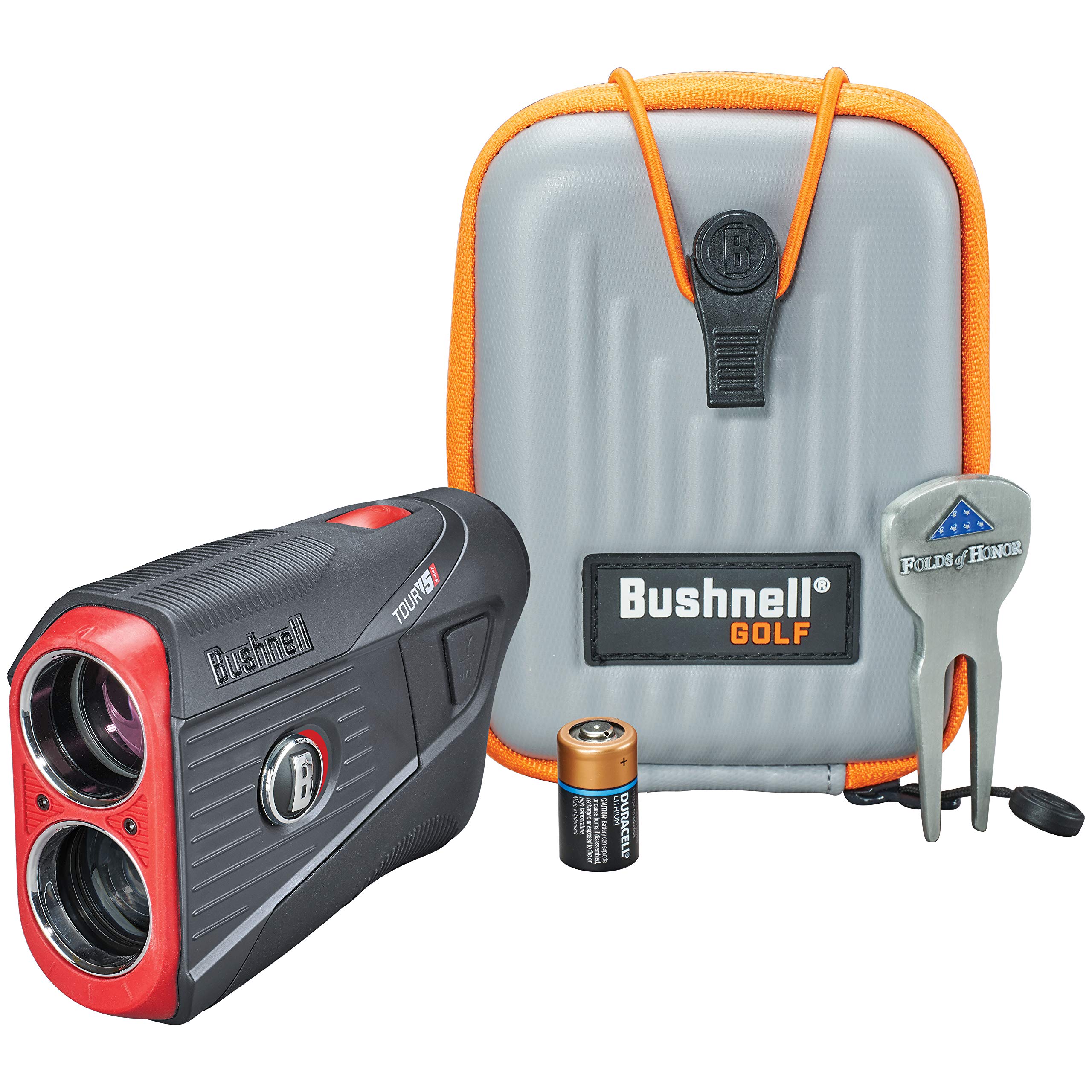 Bushnell Tour V5 (Standard) Golf Laser Rangefinder Patriot Pack PlayBetter Bundle | with Carrying Case, Divot Tool, PlayBetter Microfiber Towel and Two Batteries | Pinseeker Jolt, 6X Mag | 201901P