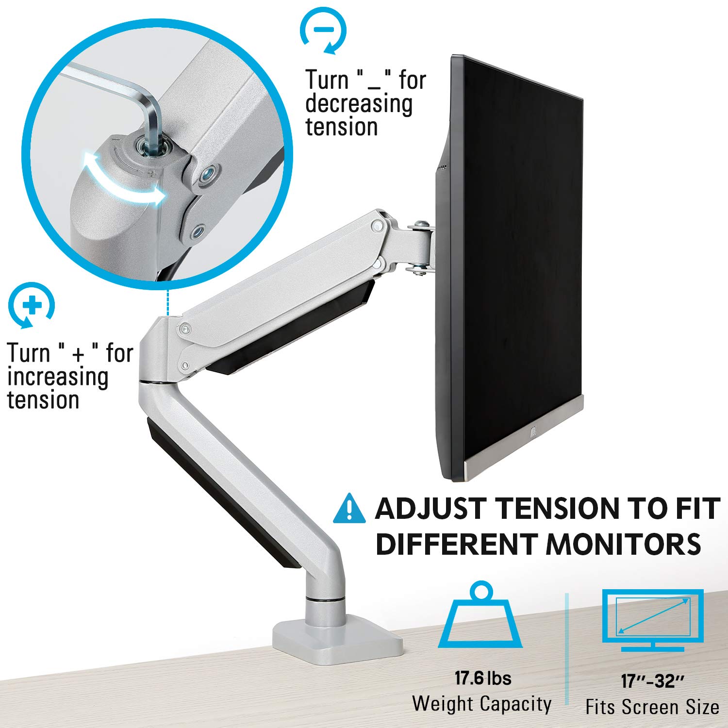 MOUNTUP Single Monitor Desk Mount - Adjustable Die-Cast Aluminum Gas Spring Monitor Arm Desk Stand for 17 to 32 inch LED LCD Screens with C Clamp, Grommet Mounting Base, Holds up to 17.6LBS MU0022