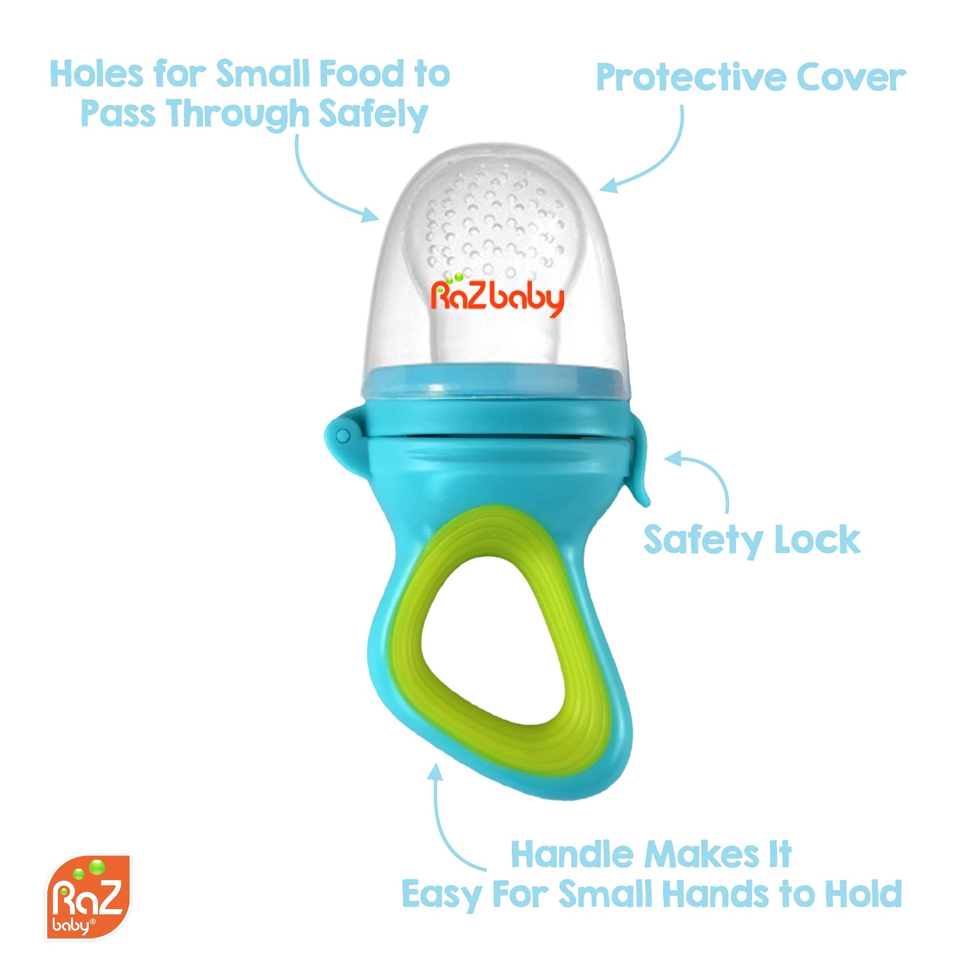 RaZbaby Baby Solids/Frozen Fruit Feeder Pacifier, Infant Teether Toy 6M+, BPA-Free Silicone Pouch & Nipple, Safely Introduce Solids, Natural Teething Relief, Dishwasher Safe, Freezable – Green/Blue