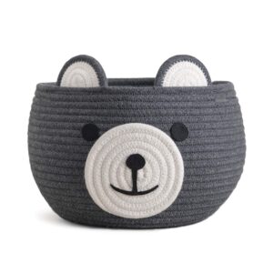 cherrynow cute bear round basket - cotton rope baskets in living room woven baby shower basket bedroom storage bakset for children corner plant basket indoor, grey, 10.5"d x 8.5"h