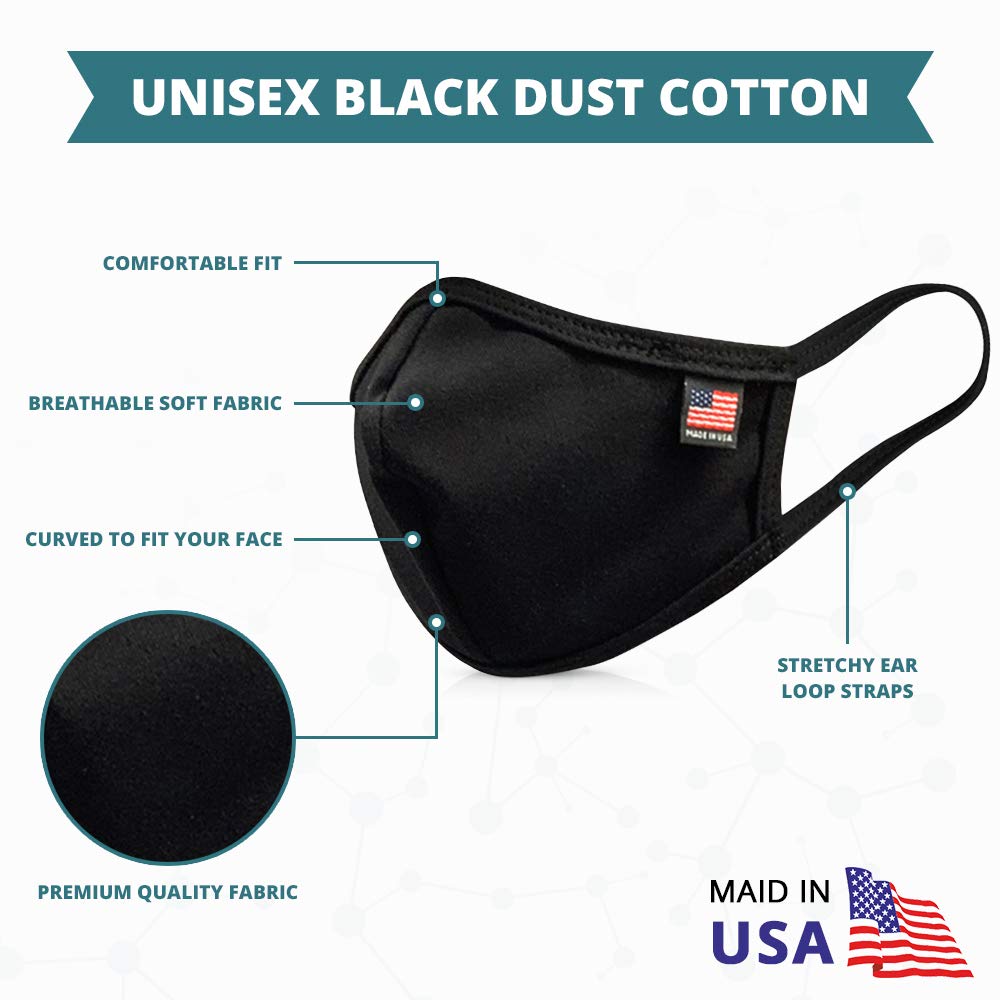 MEGLIO Cotton Mask Reusable Washable Double Layered made in USA with flag label Pack of 2 (Black)