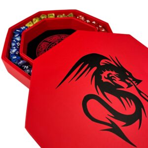 luck lab 8 inch dice tray – red - with lid and dice staging area for rpg table top gaming- dragon design