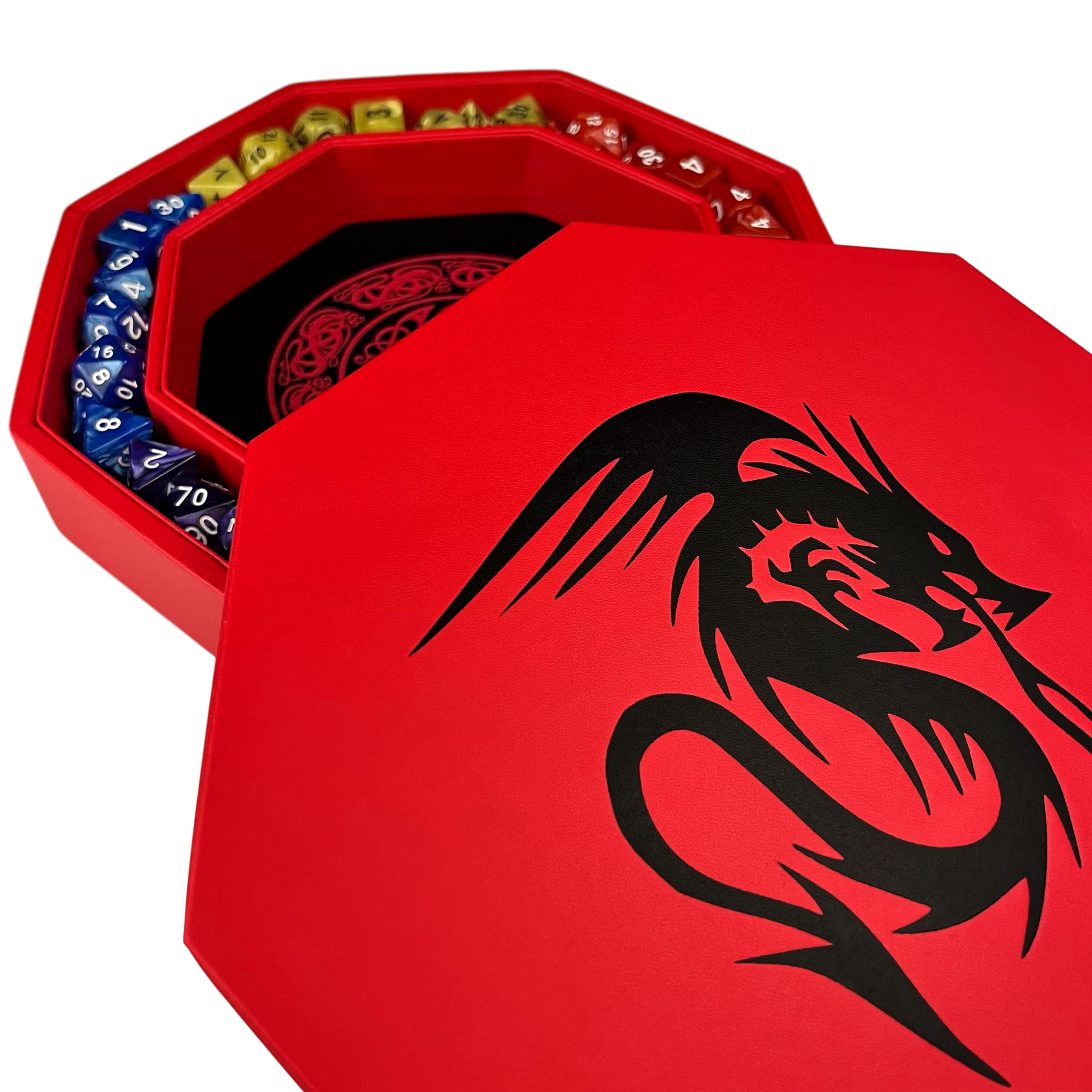 Luck Lab 8 Inch Dice Tray – Red - with Lid and Dice Staging Area for RPG Table Top Gaming- Dragon Design