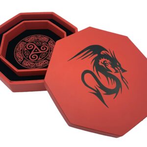 Luck Lab 8 Inch Dice Tray – Red - with Lid and Dice Staging Area for RPG Table Top Gaming- Dragon Design