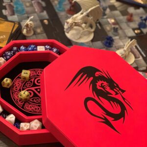 Luck Lab 8 Inch Dice Tray – Red - with Lid and Dice Staging Area for RPG Table Top Gaming- Dragon Design