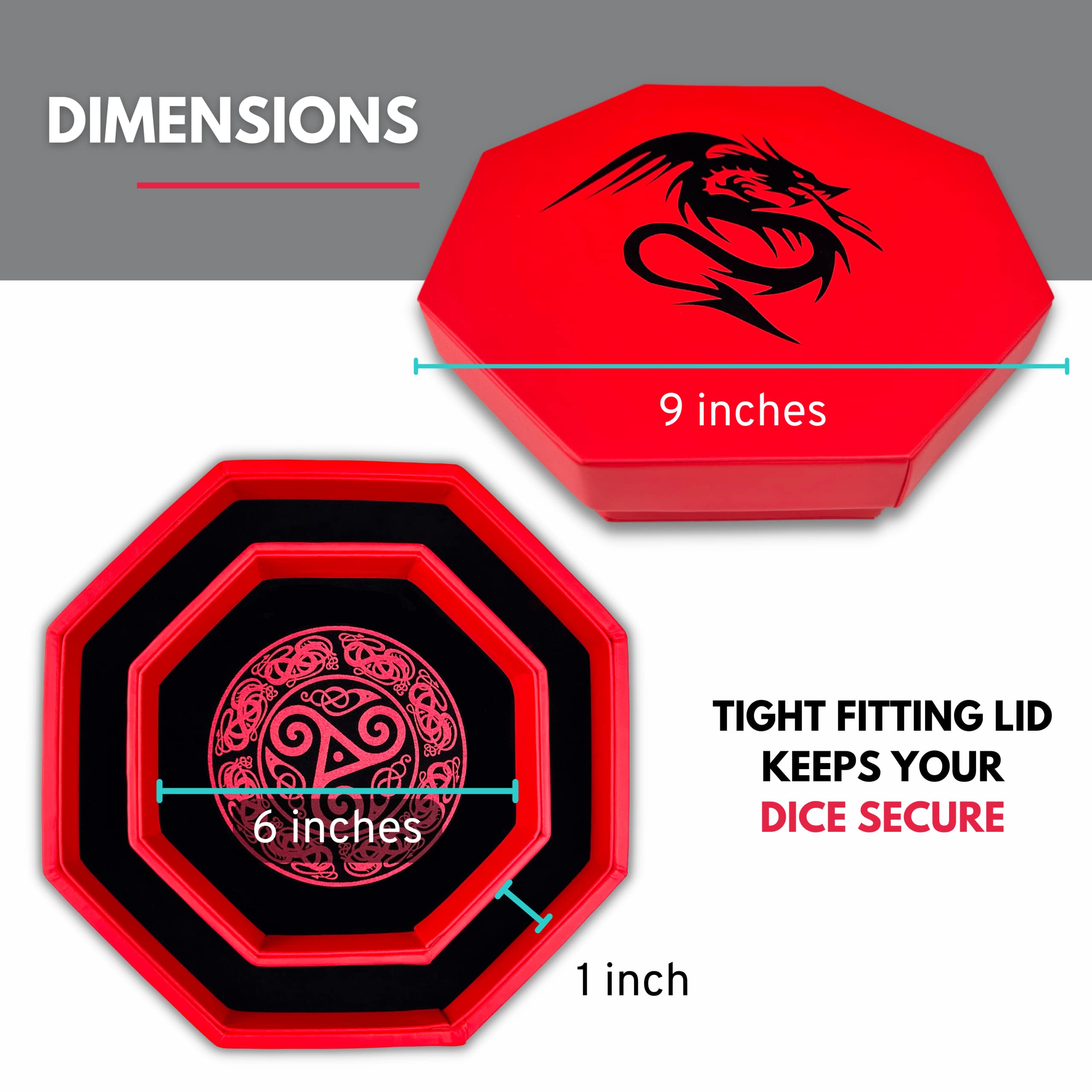 Luck Lab 8 Inch Dice Tray – Red - with Lid and Dice Staging Area for RPG Table Top Gaming- Dragon Design