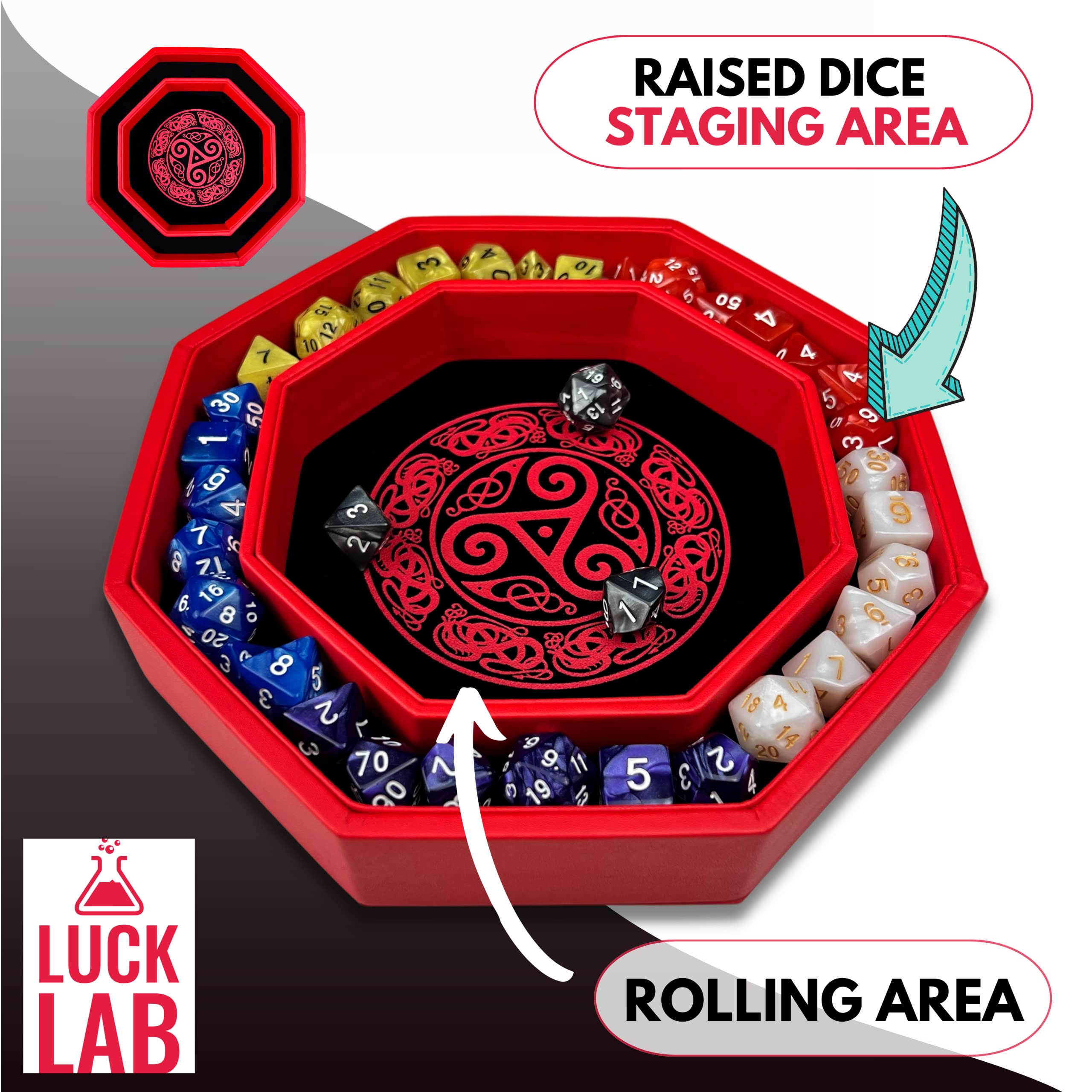 Luck Lab 8 Inch Dice Tray – Red - with Lid and Dice Staging Area for RPG Table Top Gaming- Dragon Design