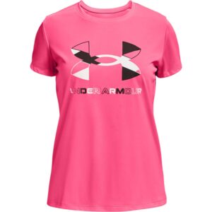 under armour tech graphic print fill big logo long sleeve t-shirt, cerise/black, youth x-large