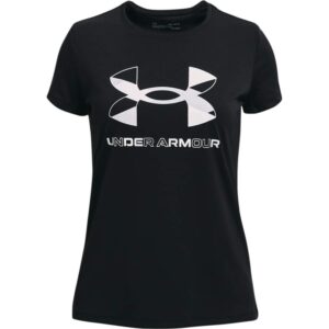 under armour girls tech graphic big logo short sleeve t-shirt, black (001)/halo gray, youth x-small