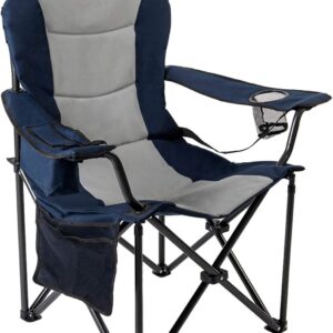 Coastrail Outdoor Camping Chair Oversized Padded Folding Quad Arm Chairs with Lumbar Back Support, Cooler Bag, Cup Holder & Side Pocket, Extra Head Pocket, Supports 400 lbs (Blue, Modern)