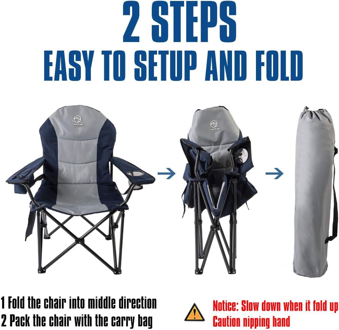 Coastrail Outdoor Camping Chair Oversized Padded Folding Quad Arm Chairs with Lumbar Back Support, Cooler Bag, Cup Holder & Side Pocket, Extra Head Pocket, Supports 400 lbs (Blue, Modern)