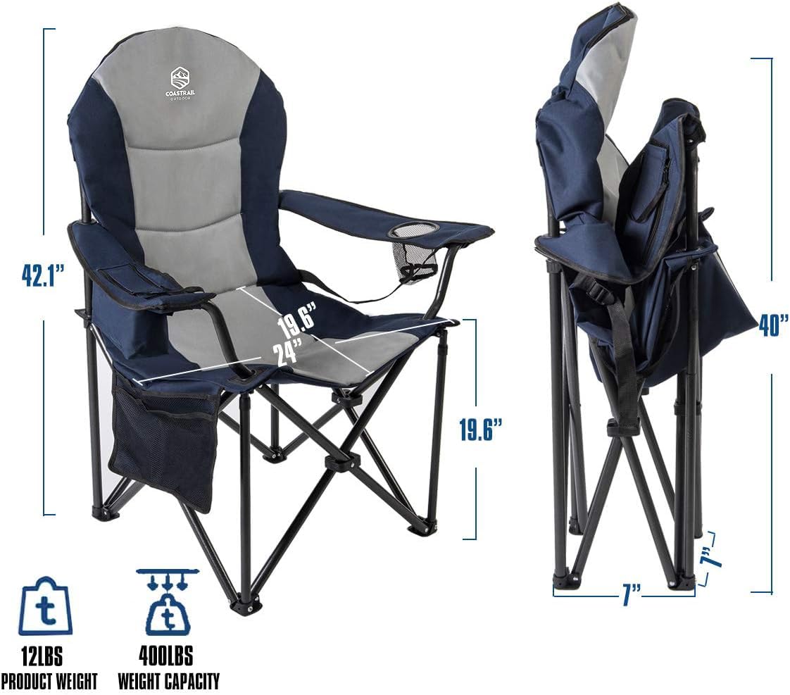 Coastrail Outdoor Camping Chair Oversized Padded Folding Quad Arm Chairs with Lumbar Back Support, Cooler Bag, Cup Holder & Side Pocket, Extra Head Pocket, Supports 400 lbs (Blue, Modern)