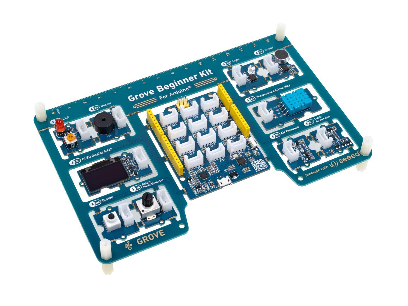 seeed studio Grove Beginner Kit for Arduino, Arduino Starter Kit All-in-one for STEAM Teaching, Arduino UNO Compatible Board with 10 Sensors and 12 Projects with Free Course.