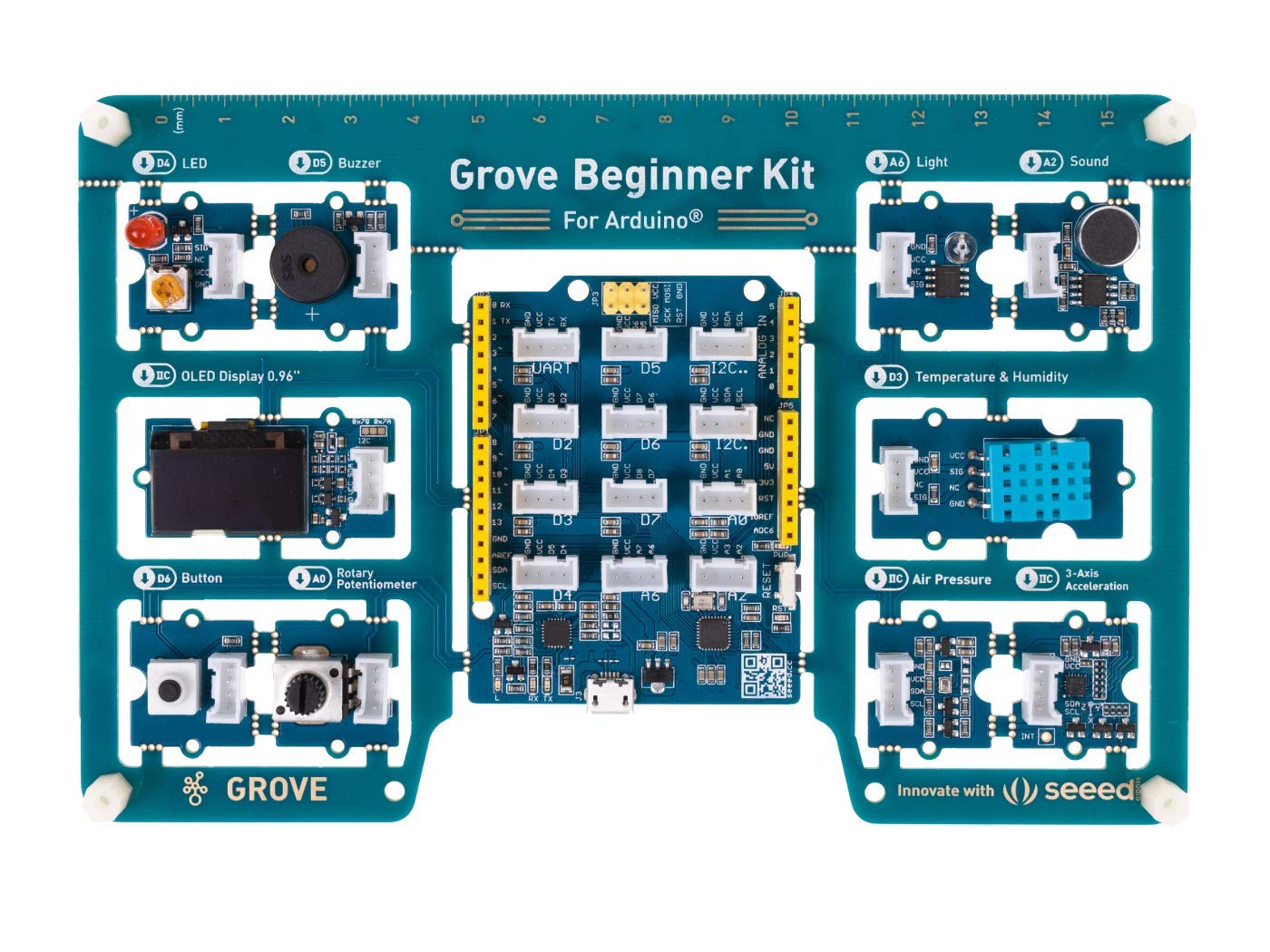 seeed studio Grove Beginner Kit for Arduino, Arduino Starter Kit All-in-one for STEAM Teaching, Arduino UNO Compatible Board with 10 Sensors and 12 Projects with Free Course.