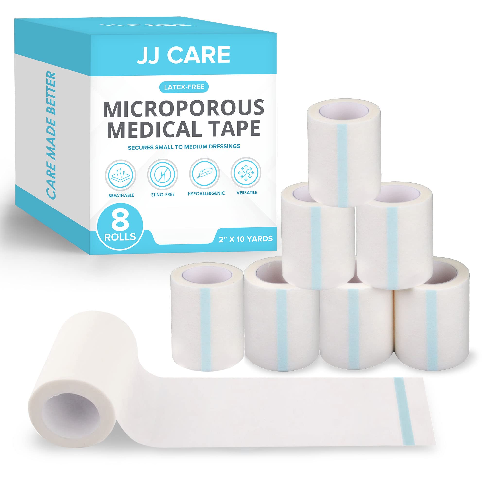 JJ CARE Micropore Tape [Pack of 8], 2” x 10 Yards, Breathable Paper Tape Medical Use, Latex-Free Paper Surgical Tape, Individually Boxed Paper Bandage Tape Rolls