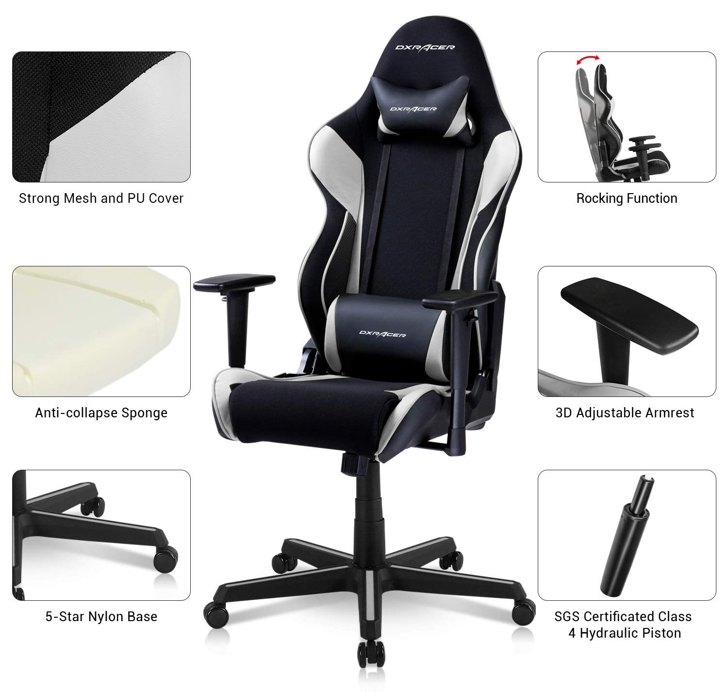 DXRacer Master Suede Racing Series Adjustable Ergonomic Computer Gaming Home Office Leather Desk Chair with Lumbar Support, Swivel Base, Wheels, and Headrest, Extra Large, Black and White