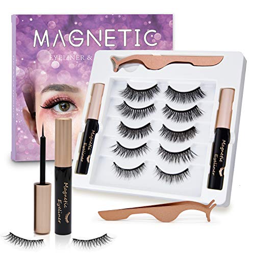 UNIWIN Magnetic Eyelashes with Eyeliner, Magnetic Eyeliner and Magnetic Eyelashes Kit, 5 Pairs Reusable 3D Natural Look, False Lashes Magnetic with Tweezers (No Glue Needed)