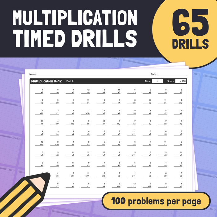 Timed Multiplication Drills – 0 to 12 Times Tables Quizzes – Multiplication Worksheet Pack with Answer Keys (Printable PDF)