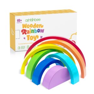 ashtonbee wooden rainbow stacking toy, wooden toys and montessori toys for toddlers, sensory toys for toddlers 1-3, rainbow decor for playrooms