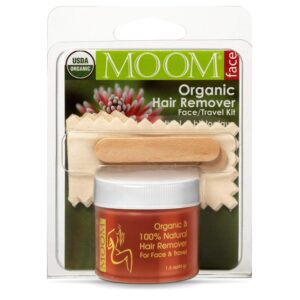 moom organic travel wax kit with aloe, tea tree oil & chamomile for face - natural sugar waxing glaze with 6 facial fabric strips & 2 small wooden applicator sticks 1.6 oz. - facial wax kit - 1 pack