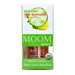 moom organic brazilian & bikini wax kit - hair removal glaze with cucumber & green tea, ideal for sensitive skin - includes 18 reusable waxing strips & 6 waxing application sticks - 3 oz. jar, 1 pack