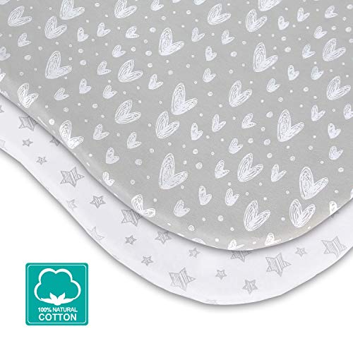 Bassinet Sheets Compatible with Fisher-Price Soothing Motions/Luminate Bassinet and Chicco LullaGo Anywhere Portable Bassinet, 2 Pack, 100% Jersey Knit Cotton Fitted Sheets, Grey Print for Baby