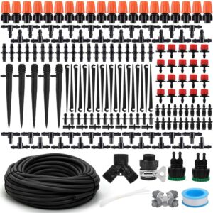 flantor garden irrigation kit,131ft 1/4" drip irrigation kit garden irrigation system with adjustable nozzle dripper automatic irrigation equipment set for garden,greenhouse, patio,lawn