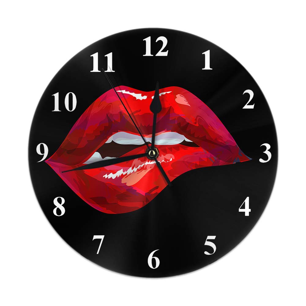 HGOD DESIGNS Red Lips Round Wall Clock,Sexy Biting Lips Round Wall Clock Home Garden Wall Decorative for Bedroom Office School Art(10")