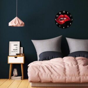 HGOD DESIGNS Red Lips Round Wall Clock,Sexy Biting Lips Round Wall Clock Home Garden Wall Decorative for Bedroom Office School Art(10")