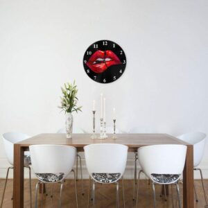 HGOD DESIGNS Red Lips Round Wall Clock,Sexy Biting Lips Round Wall Clock Home Garden Wall Decorative for Bedroom Office School Art(10")