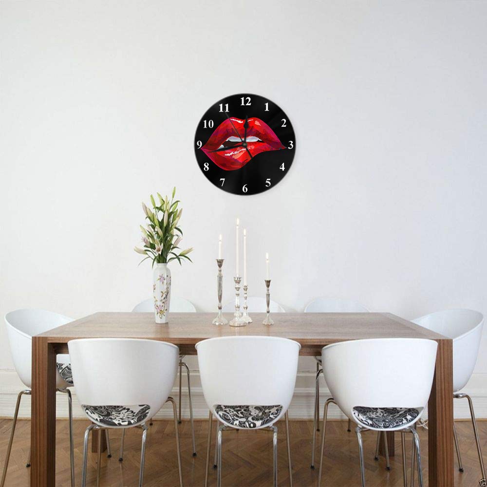 HGOD DESIGNS Red Lips Round Wall Clock,Sexy Biting Lips Round Wall Clock Home Garden Wall Decorative for Bedroom Office School Art(10")