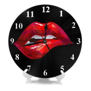 HGOD DESIGNS Red Lips Round Wall Clock,Sexy Biting Lips Round Wall Clock Home Garden Wall Decorative for Bedroom Office School Art(10")