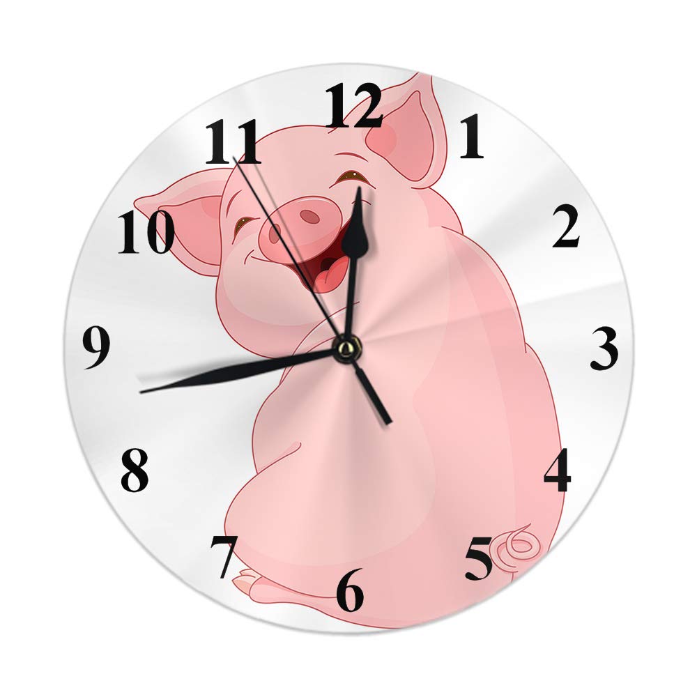 HGOD DESIGNS Pink Pig Round Wall Clock,Funny Cute Cartoon Pretty Smiling Pig Round Wall Clock Home Garden Wall Decorative for Bedroom Office School Art(10")