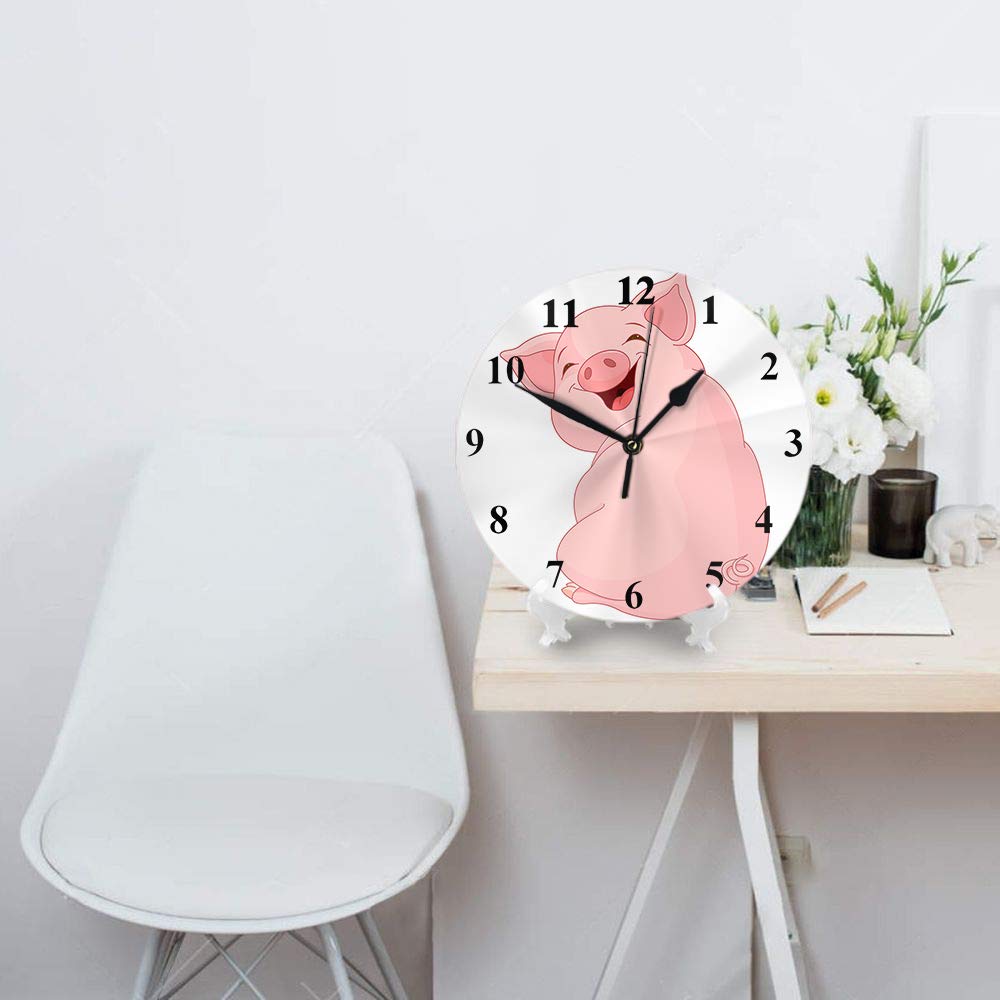 HGOD DESIGNS Pink Pig Round Wall Clock,Funny Cute Cartoon Pretty Smiling Pig Round Wall Clock Home Garden Wall Decorative for Bedroom Office School Art(10")