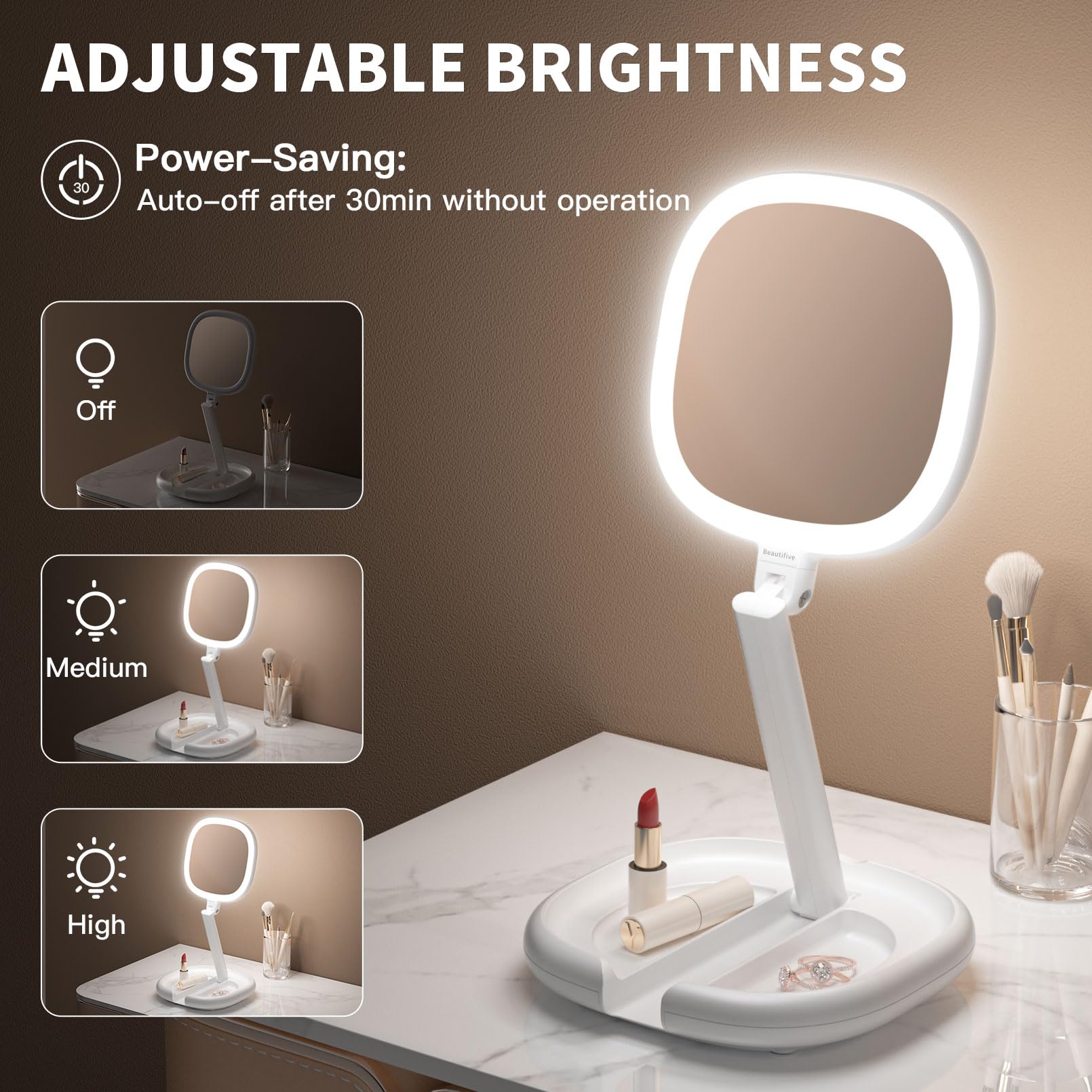 Beautifive Makeup Mirror with Lights and Magnification, 1X/8X Travel Lighted Makeup Mirror, Lighted Folding Travel Mirror with Adjustable Height, Double Sided Magnifying Travel Mirror with Light