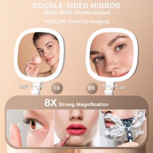 Beautifive Makeup Mirror with Lights and Magnification, 1X/8X Travel Lighted Makeup Mirror, Lighted Folding Travel Mirror with Adjustable Height, Double Sided Magnifying Travel Mirror with Light