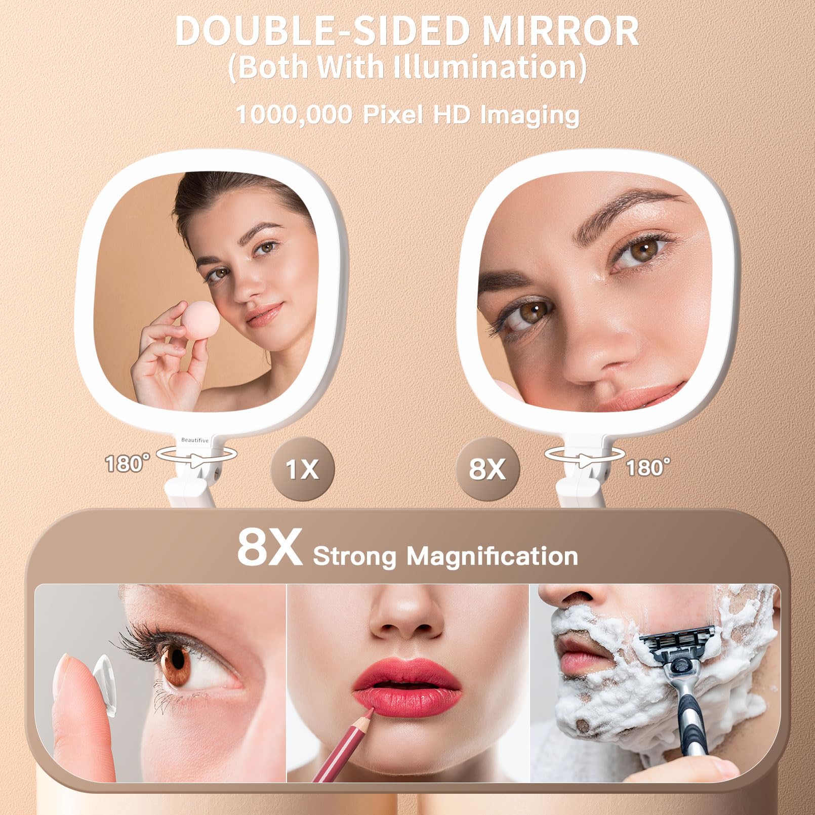 Beautifive Makeup Mirror with Lights and Magnification, 1X/8X Travel Lighted Makeup Mirror, Lighted Folding Travel Mirror with Adjustable Height, Double Sided Magnifying Travel Mirror with Light