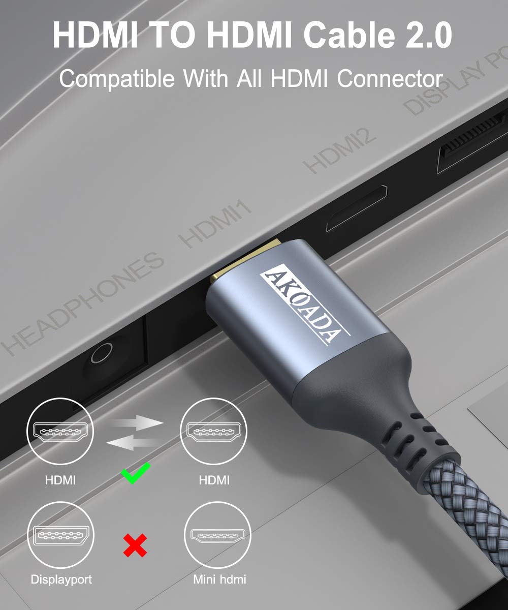 AkoaDa 4K HDMI Cable 6.6FT, 18Gbps High Speed HDMI 2.0 Braided Cable, Supports 4K 60Hz, 2K, 1080P, HDCP2.2 Compatible with Roku/Fire TV/PC/PS5/4/X-Box