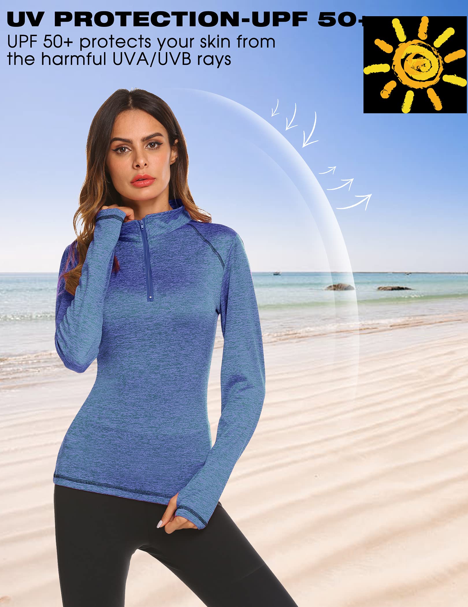 PINSPARK Women's Quick Dry Shirts Long Sleeve for Running Hiking Workout Shirt Half Zip Pullover Blue S