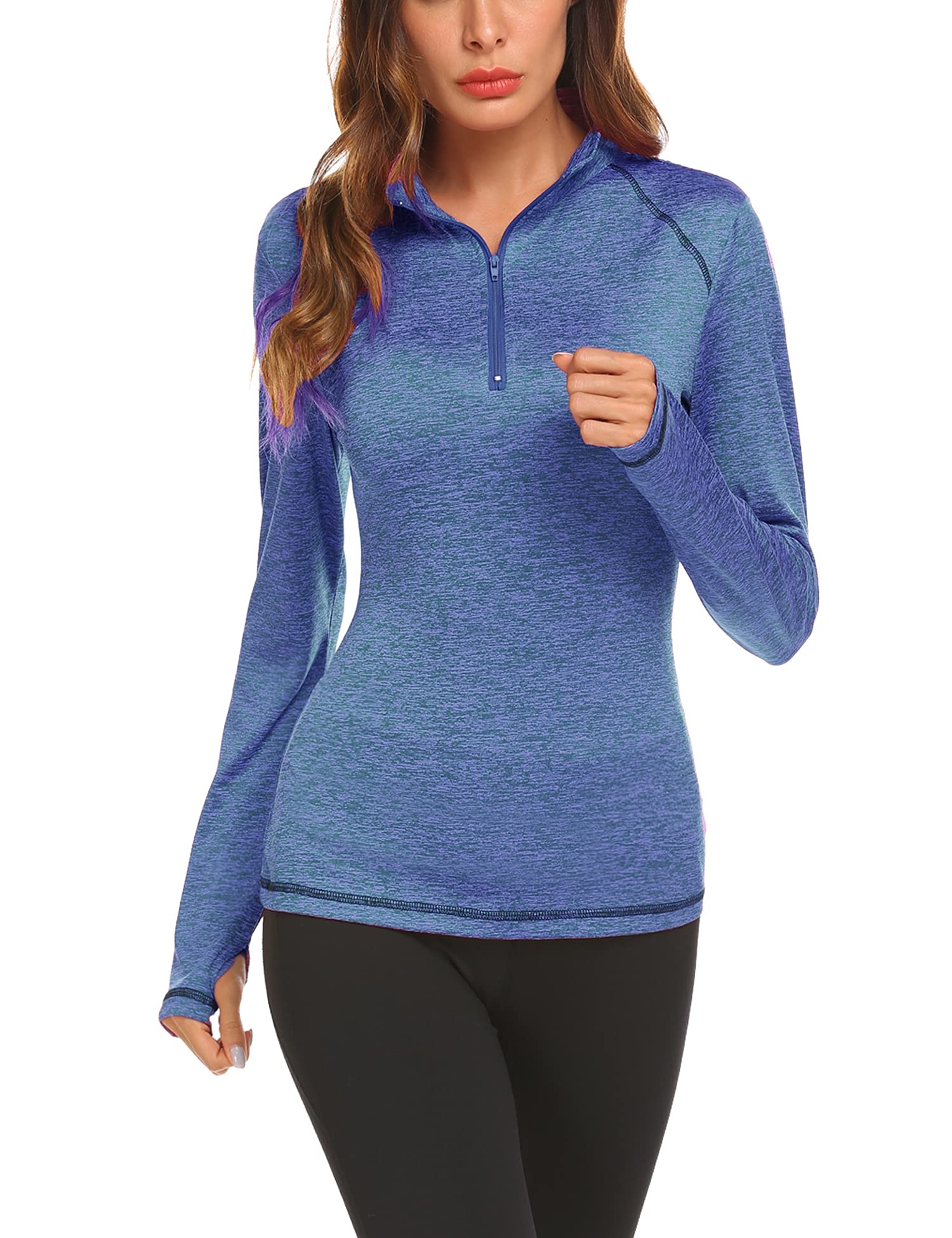 PINSPARK Women's Quick Dry Shirts Long Sleeve for Running Hiking Workout Shirt Half Zip Pullover Blue S