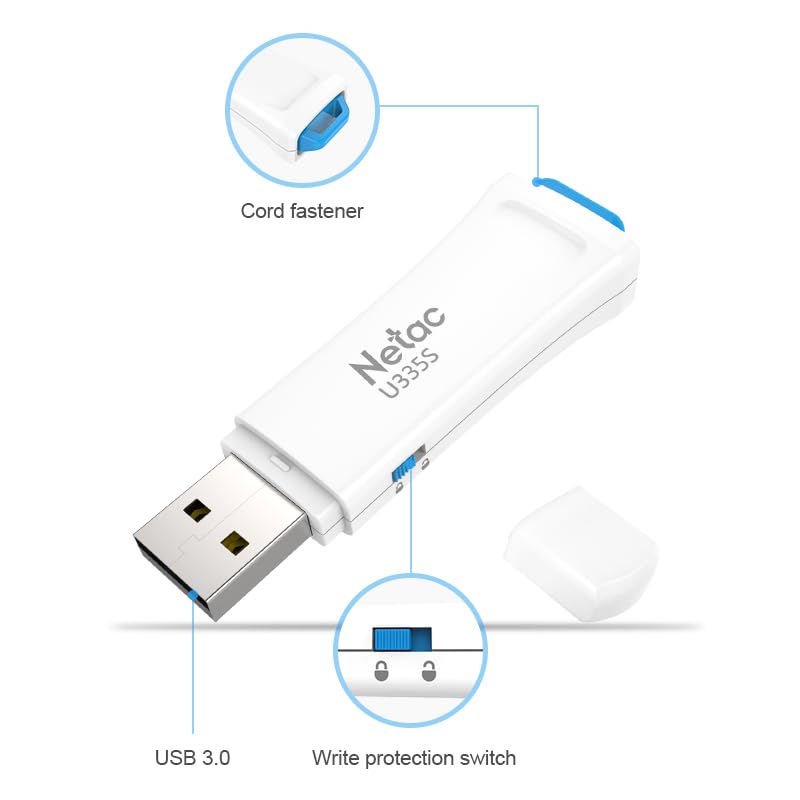 Netac 64GB USB 3.0 Flash Drive Up to 90MB/s Thumb Drive for Data Storage, Pen Drive Write Protection with Push-Pull Design Memory Stick for External Storage Data/Computer/PC/Laptop/Sound-U335S