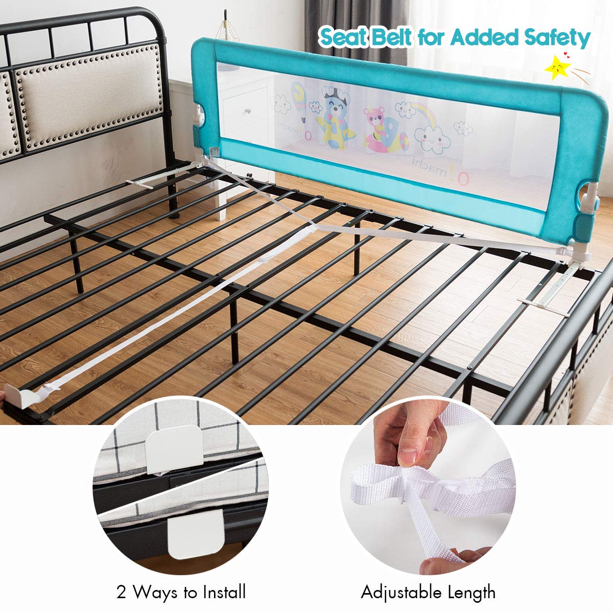 BABY JOY Bed Rails for Toddlers, 69 Inch Extra Long w/Safety Straps, Swing Down Safety Bed Guard for Convertible Crib, Folding Baby Bedrail for Kids Twin Double Full Size Queen & King Mattress (Blue)