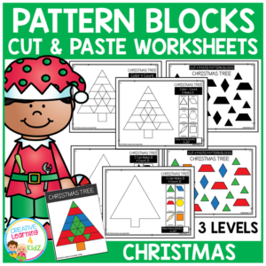 pattern block cut & paste worksheets: christmas