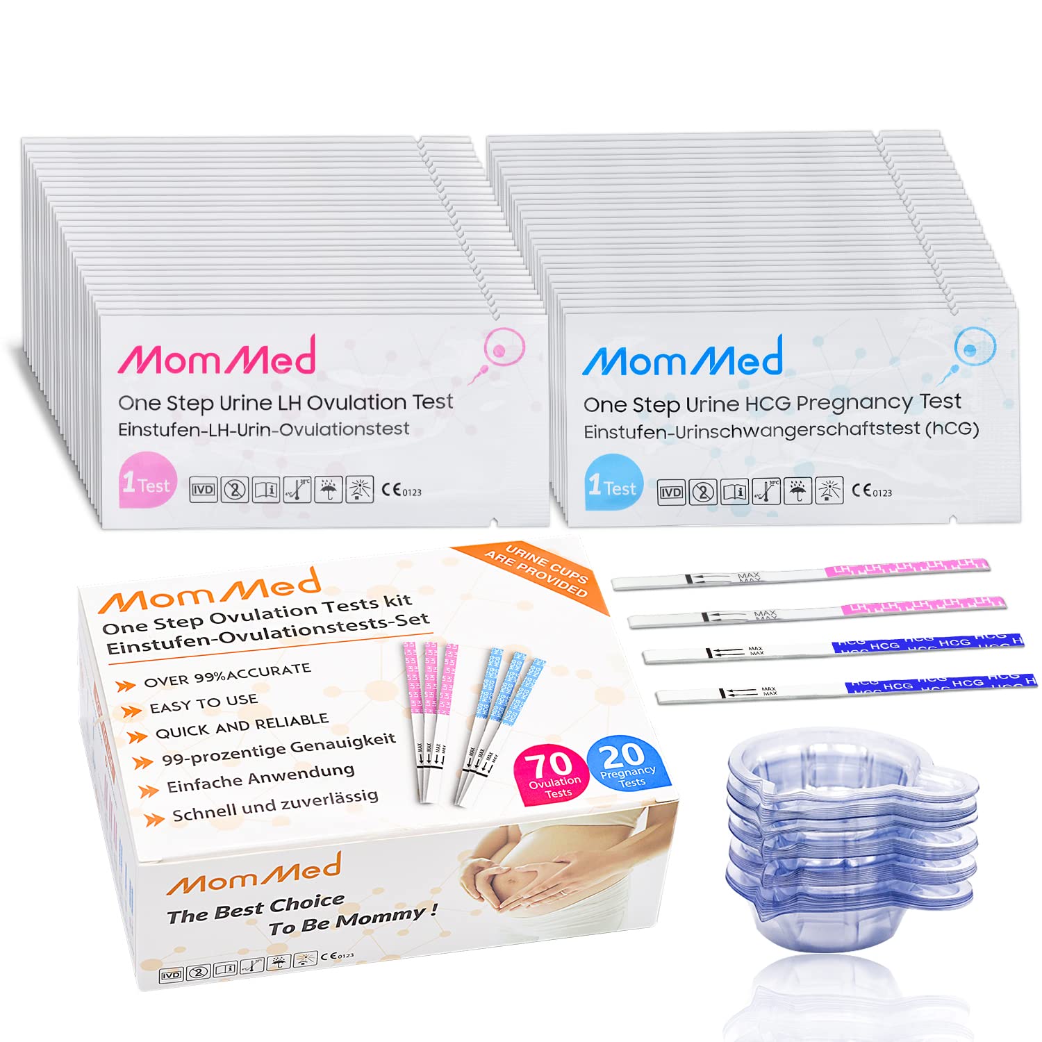 MomMed Ovulation and Pregnancy Test Strips (HCG20-LH70), at Home Ovulation Predictor Kit Includes 20 Pregnancy Tests, 70 Ovulation Test Strips and 90 Urine Cups, Accurate Fertility Test, OPK Tests