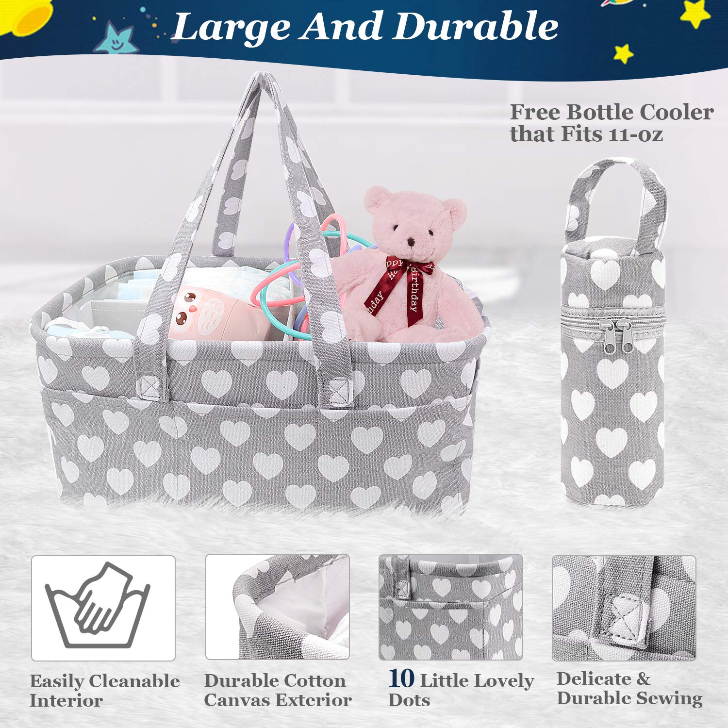 STARDEN Baby Nursery Diaper Caddy Organizer - Baby Shower Gifts Organizer Bins for Changing Table, Diapers Caddy Storage Basket Newborn Registry Gift Car Travel Tote Bag + Baby Bottle Cover