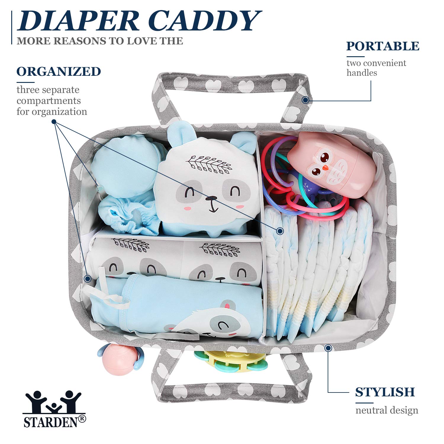 STARDEN Baby Nursery Diaper Caddy Organizer - Baby Shower Gifts Organizer Bins for Changing Table, Diapers Caddy Storage Basket Newborn Registry Gift Car Travel Tote Bag + Baby Bottle Cover