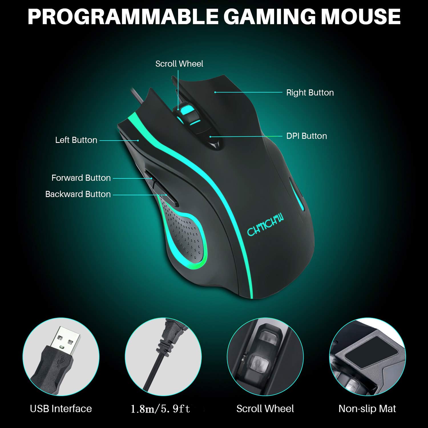 LED Backlit Gaming Mouse CHONCHOW Wired Programmable Mouse up to 7200 DPI 6 Buttons Ergonomic Design Best for FPS Gamers