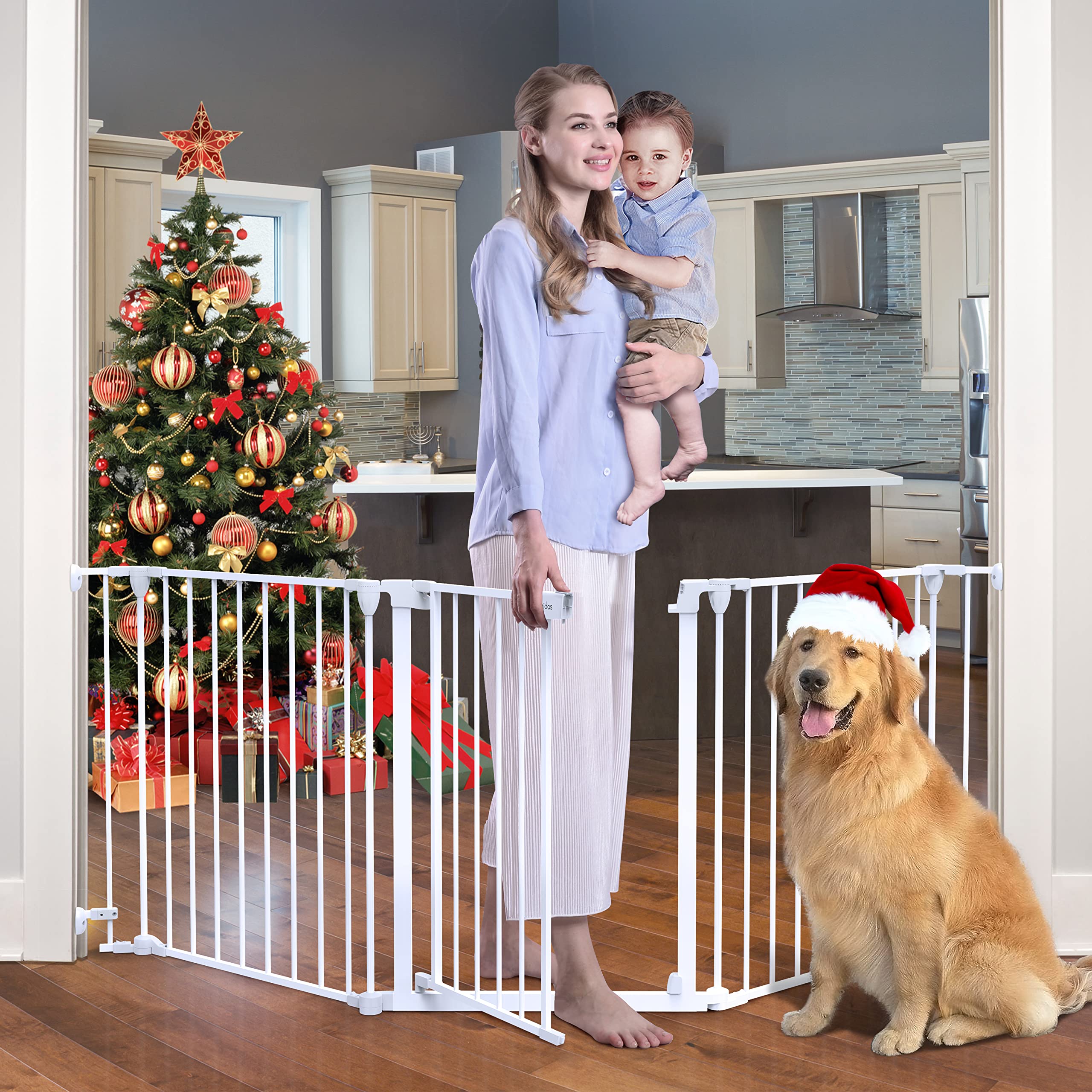 Tokkidas 24.4”-80” Auto Close Baby Gate, Extra Wide Dog Gate with One Hand Operation, Hardware Mount, Foldable 3 Steel Panels Angle, Deluxe Walk Thru Pet Gate for Stairs, Doorways, Kitchen, 29” Height