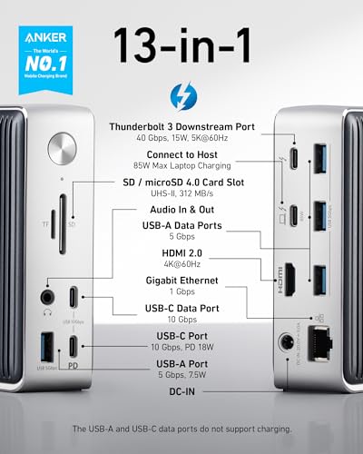 Anker 577 Docking Station (13-in-1, Thunderbolt 3) 85W Charging for Laptop, 18W for Phones, 4K Dual Display, 10 Gbps USB-C Data, Ethernet, Audio, SD 4.0